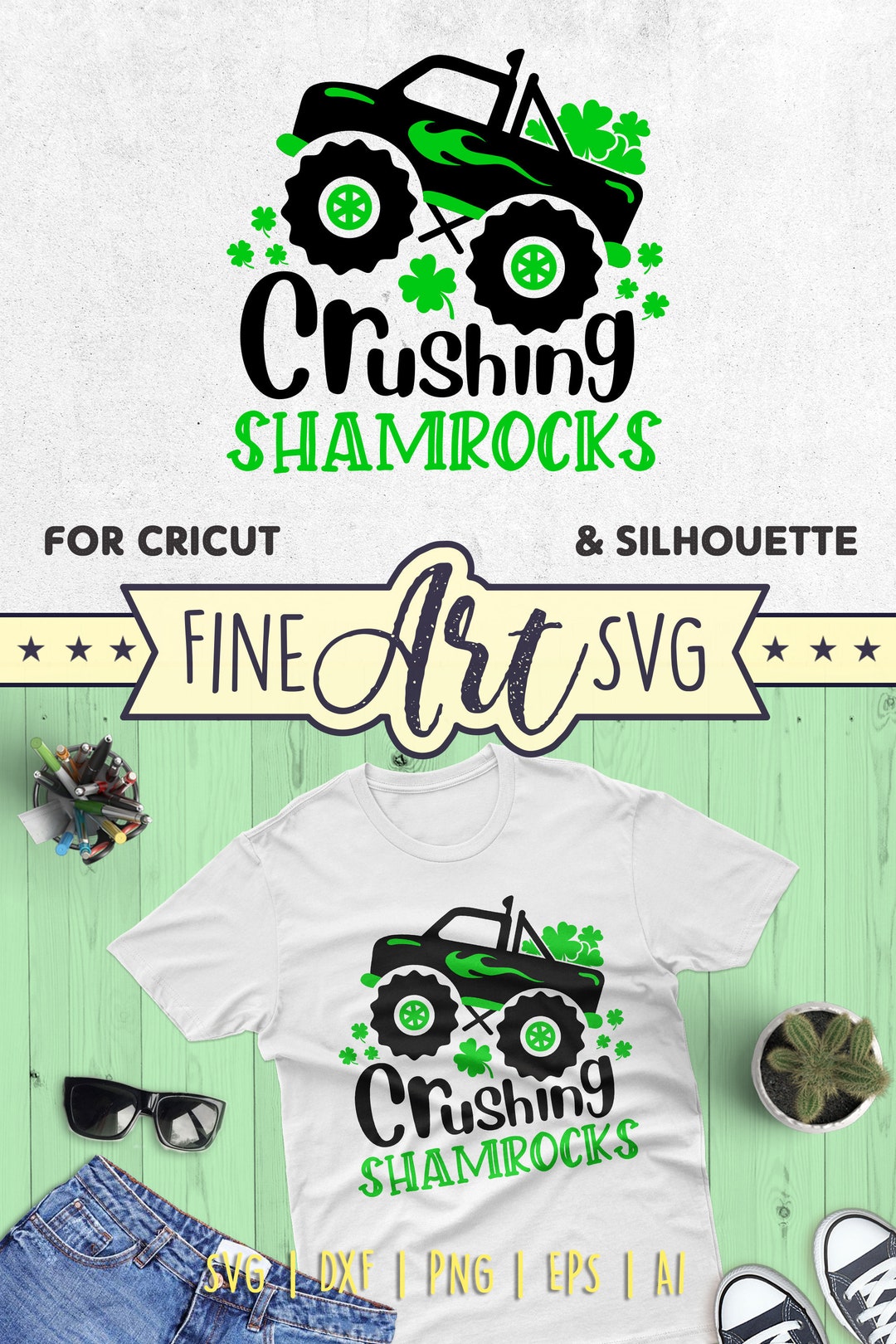 Shamrock Monster Truck SVG: St Patricks Day Cricut File (digital ...