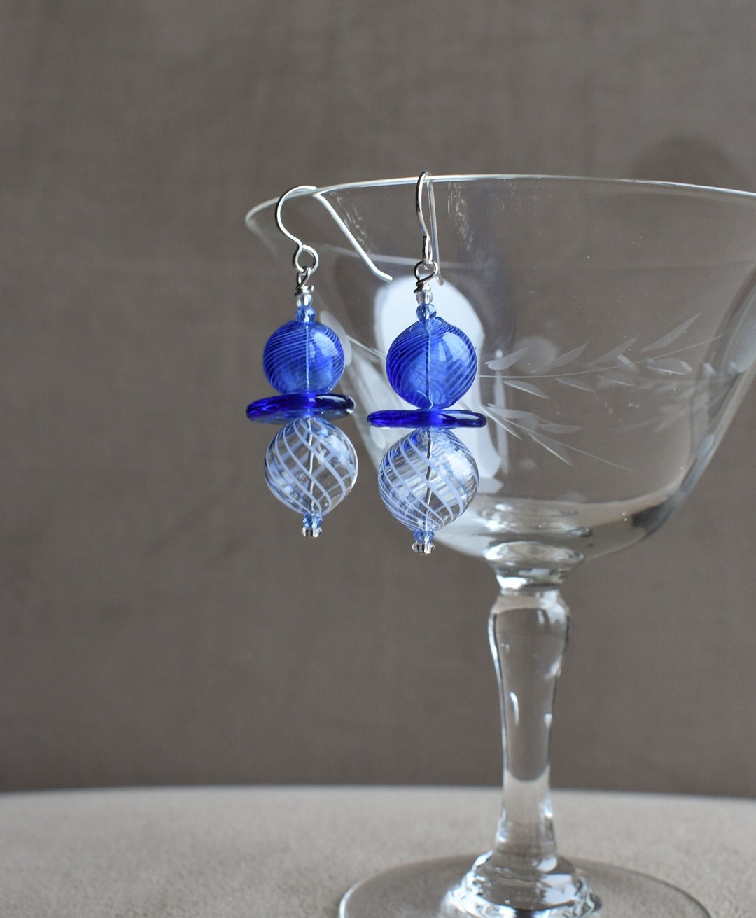 Double Blown Glass Spheres With Blue Spacer Disc Earrings, Blue Swirled ...