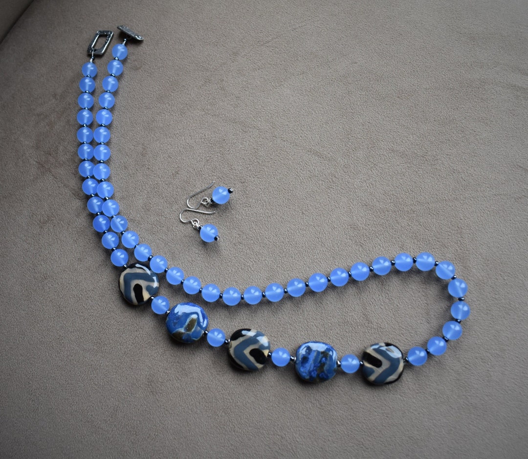 Kazuri Focal Bead Necklace Set, Blue and Beige Kazuri Focal Beads and ...