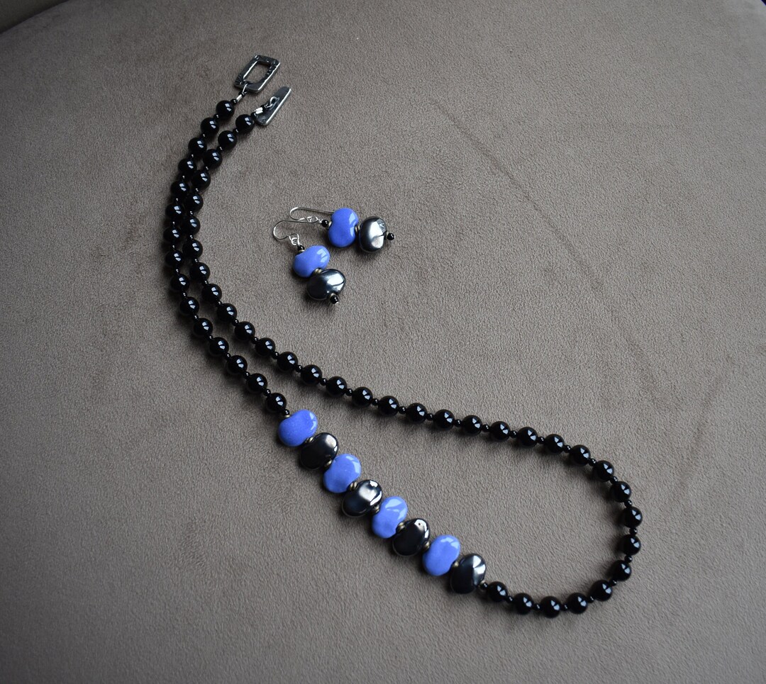 Kazuri Focal Bead Necklace Set, Blue and Black Kazuri Focal Beads and ...