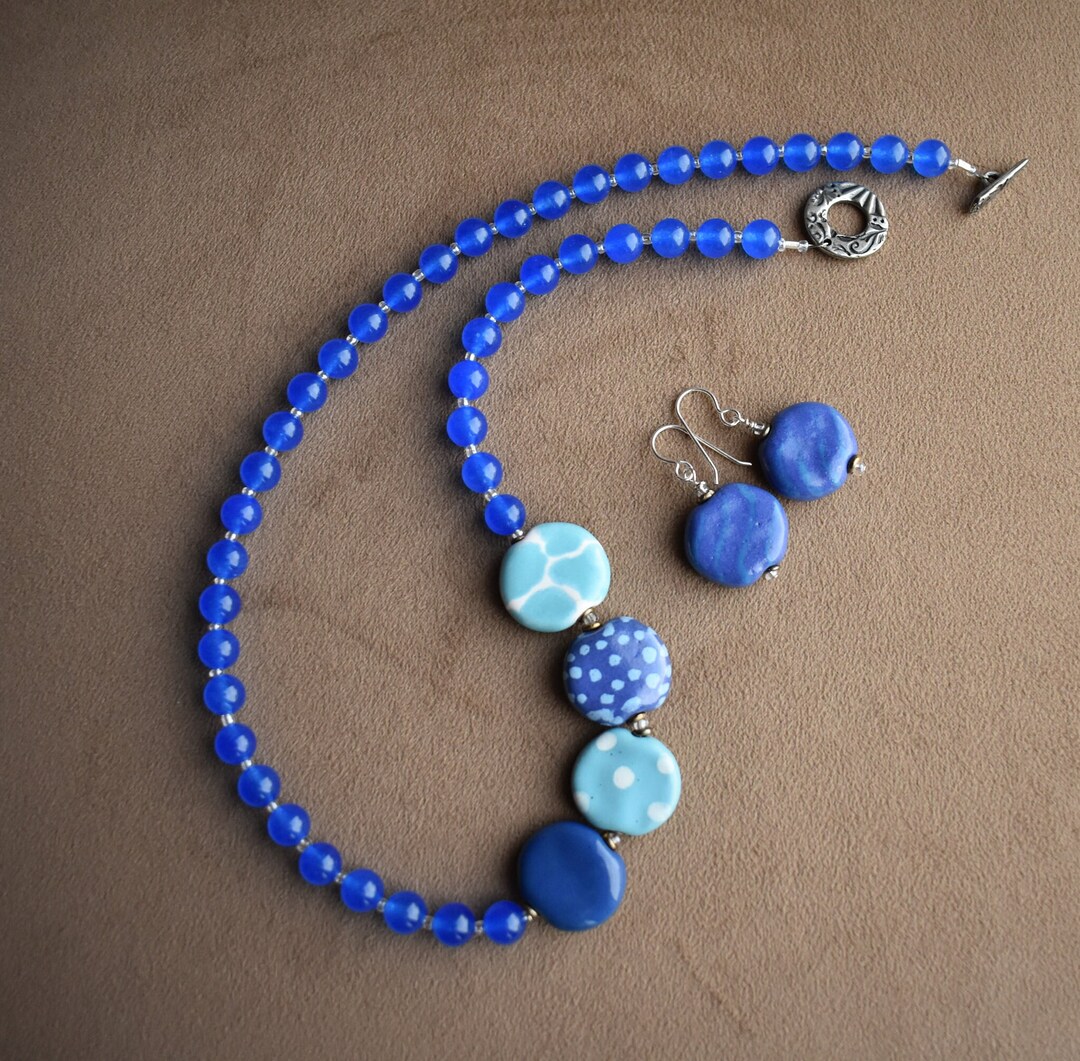 Kazuri Focal Bead Necklace Set, Shades of Blue Printed Kazuri Focal ...