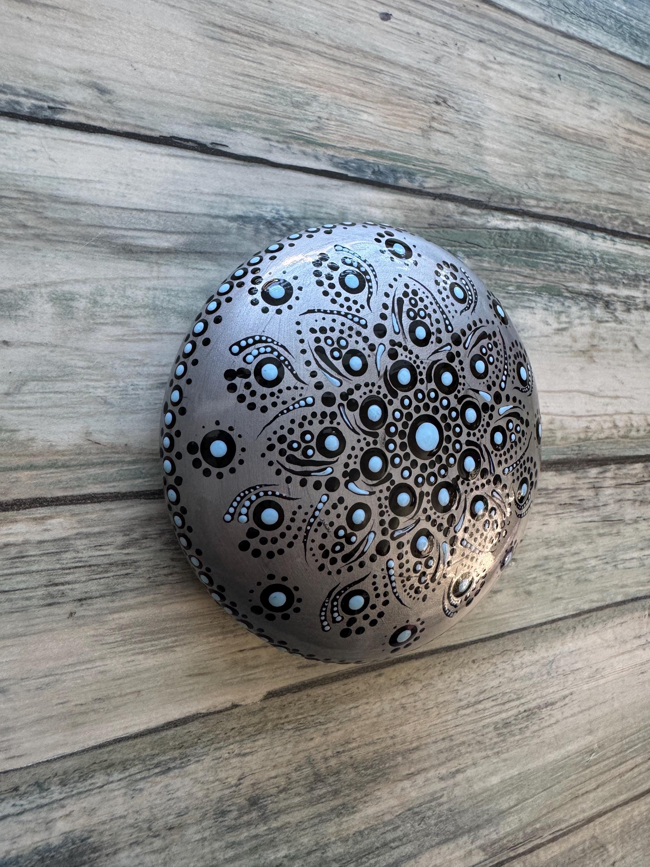 Artisan Hand Painted Handmade Stone Rock | Silver / Black / Blue ...
