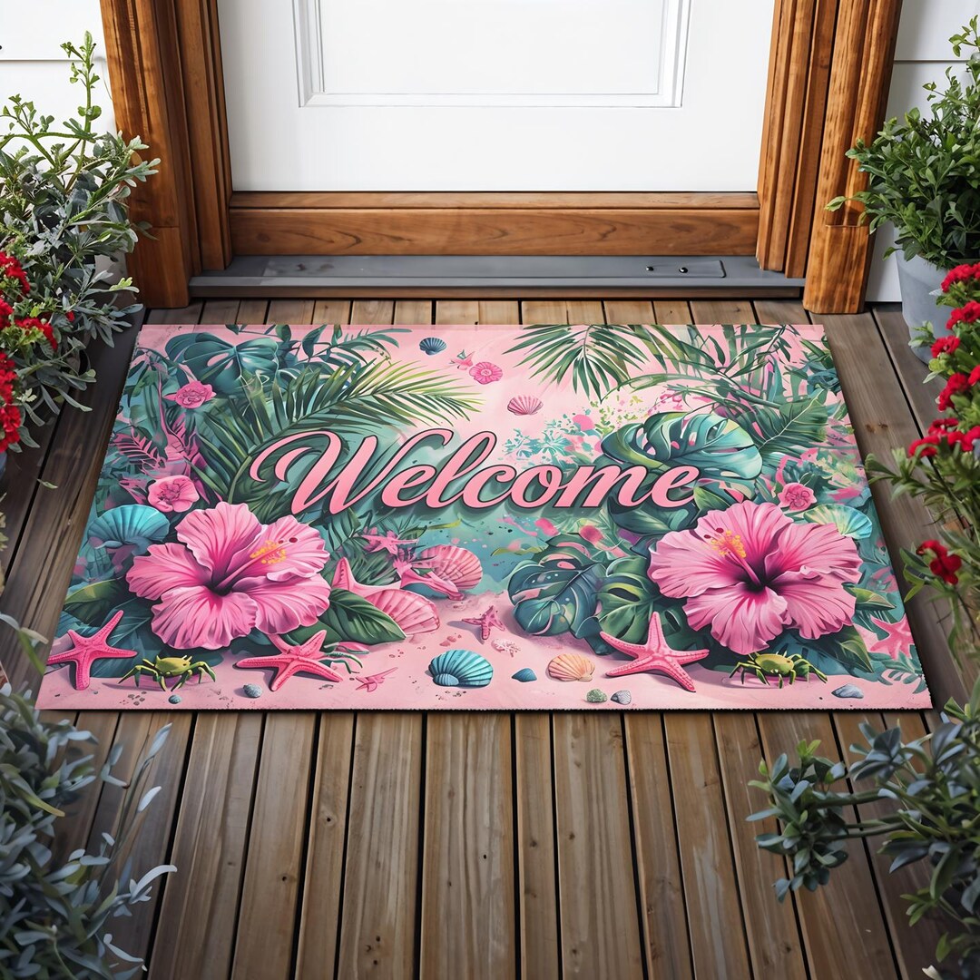 Preppy Tropical Welcome Mat Pink Hibiscus and Palm Leaf Coastal Beach ...