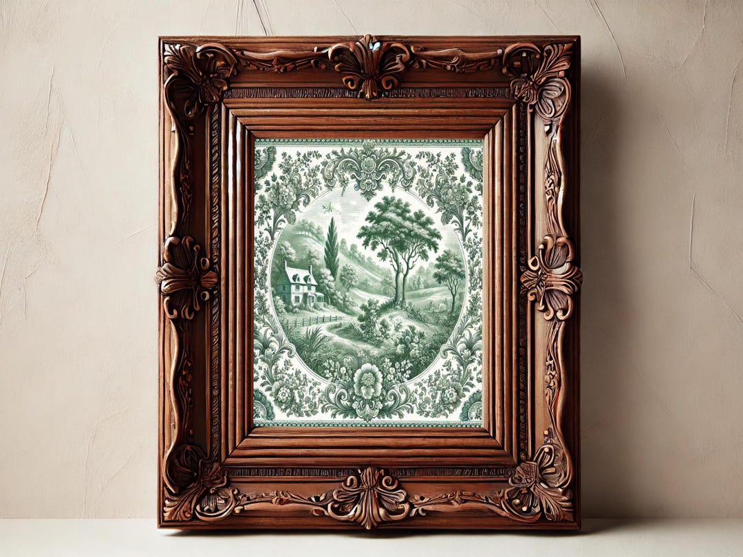 Green Toile Print: Vintage French Country Farmhouse Scene (digital ...
