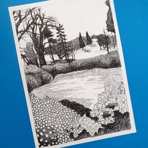 A4 Original Drawing - ‘brockhampton Estate’ - Landscape in Springtime ...