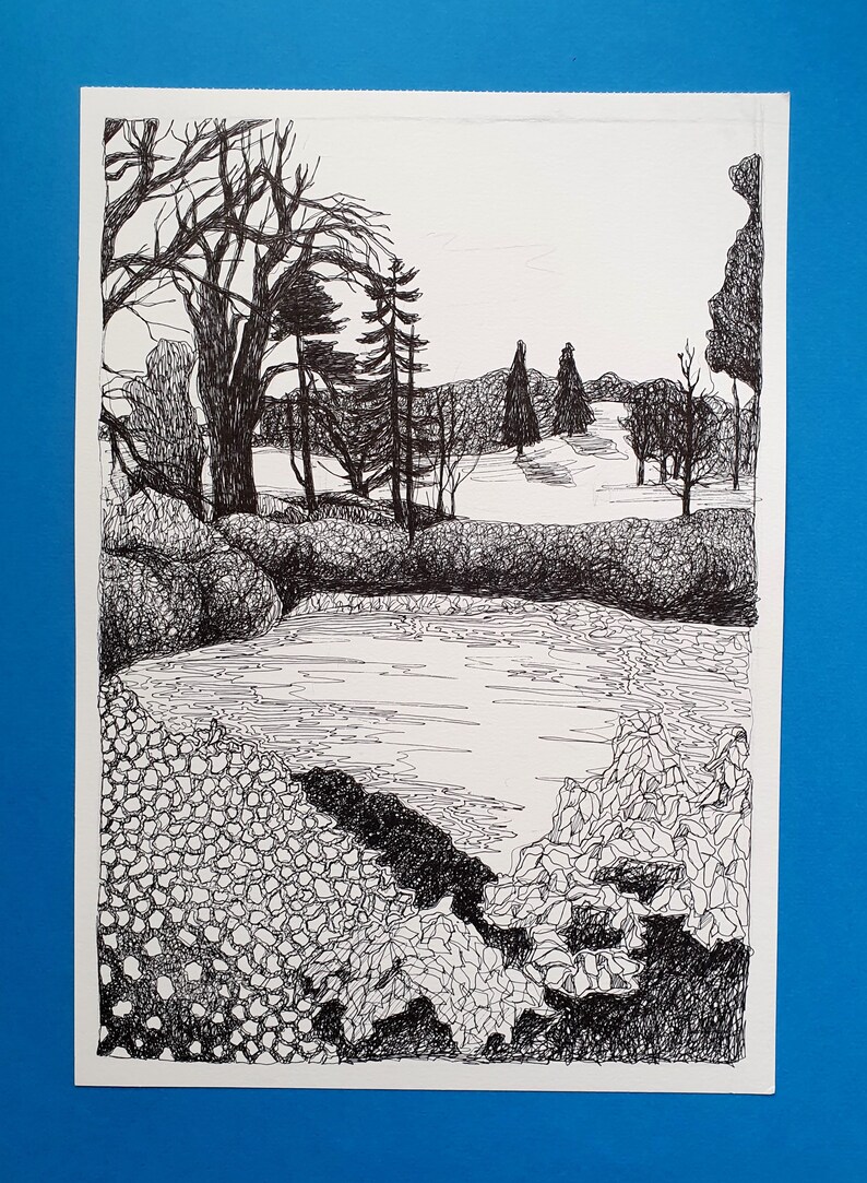 A4 Original Drawing - ‘brockhampton Estate’ - Landscape in Springtime ...