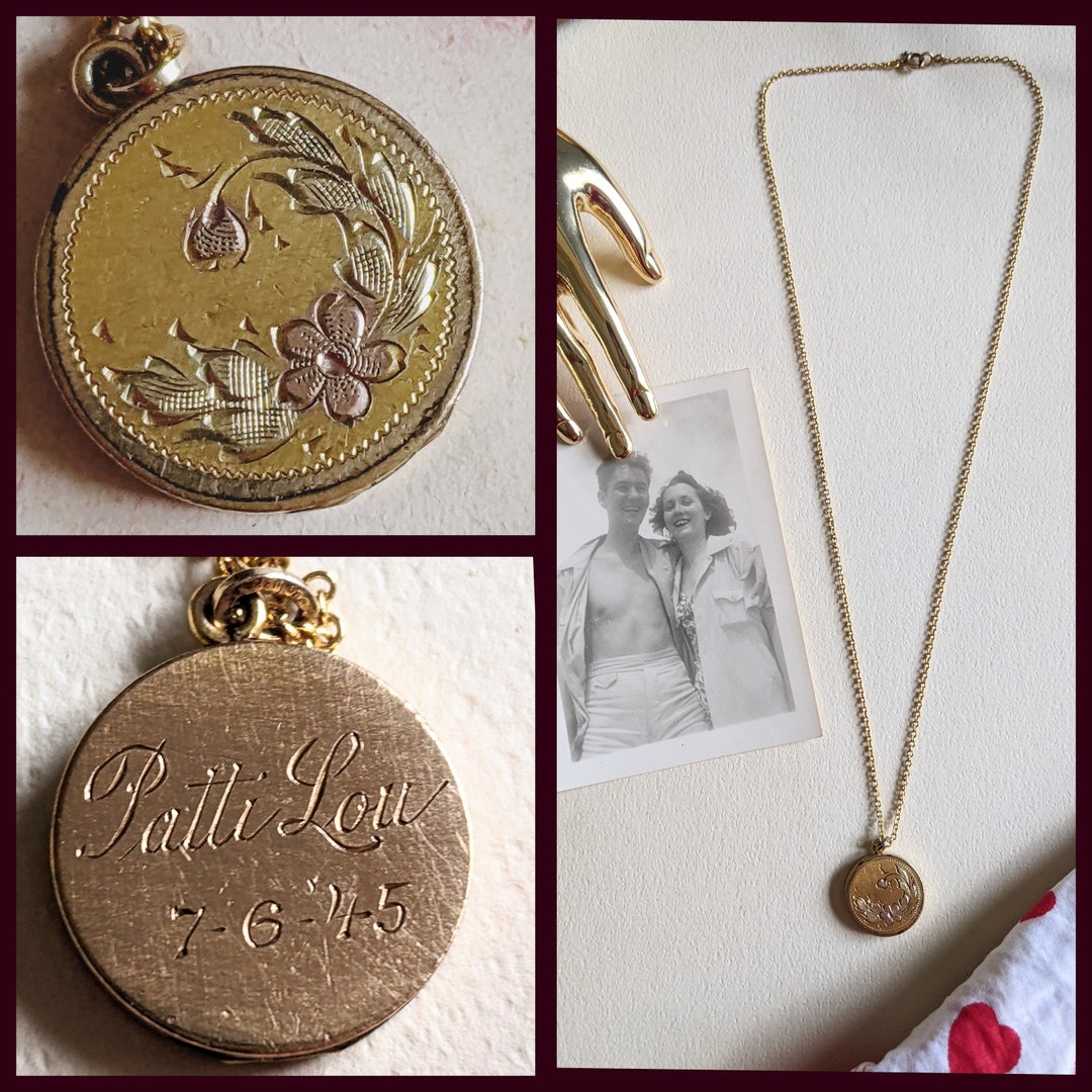 Vintage Gold and Rose Gold Floral Round Locket With Patti Lou Engraving ...
