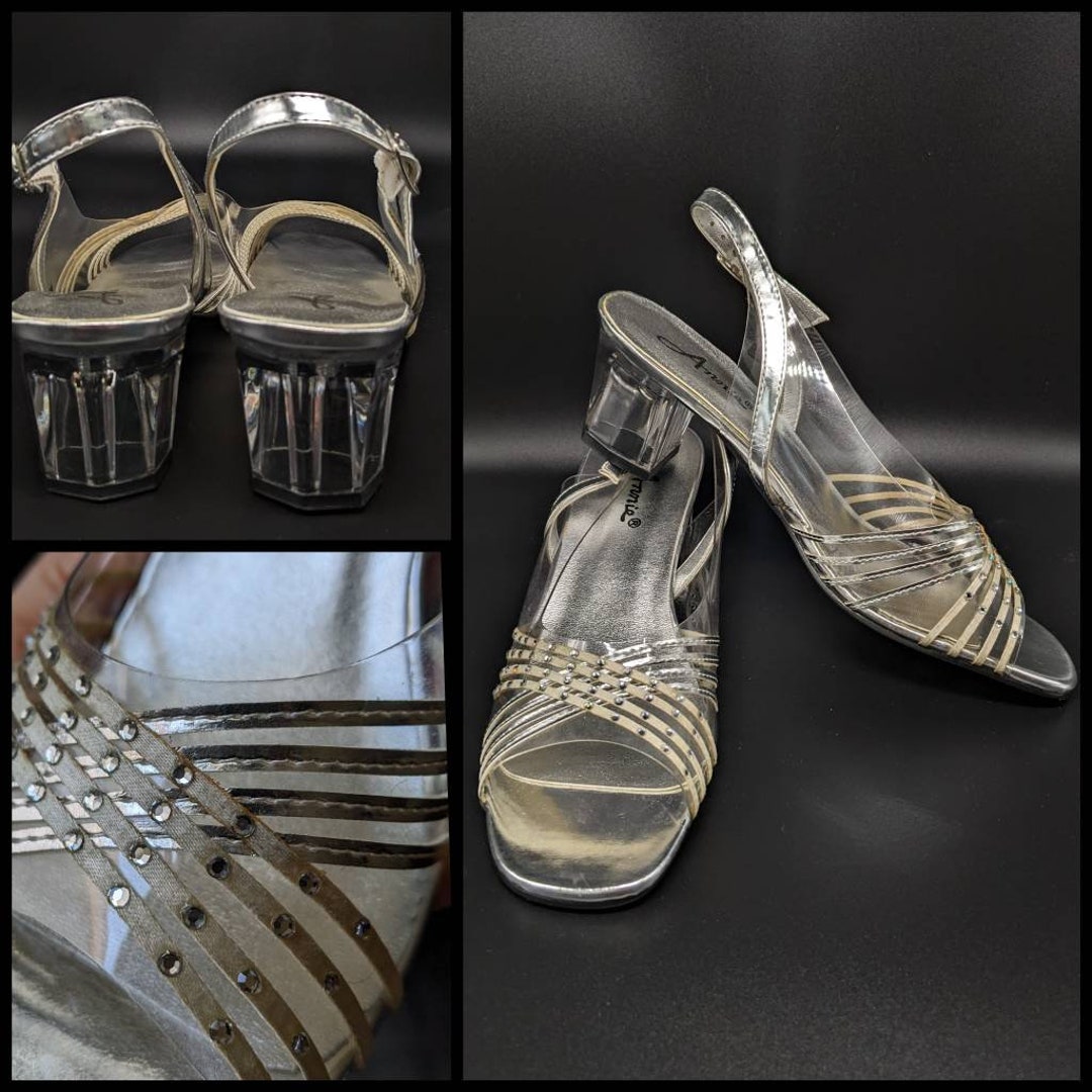 Vintage 90s Clear and Silver Transparent PVC Lucite Heel Sling Back ...