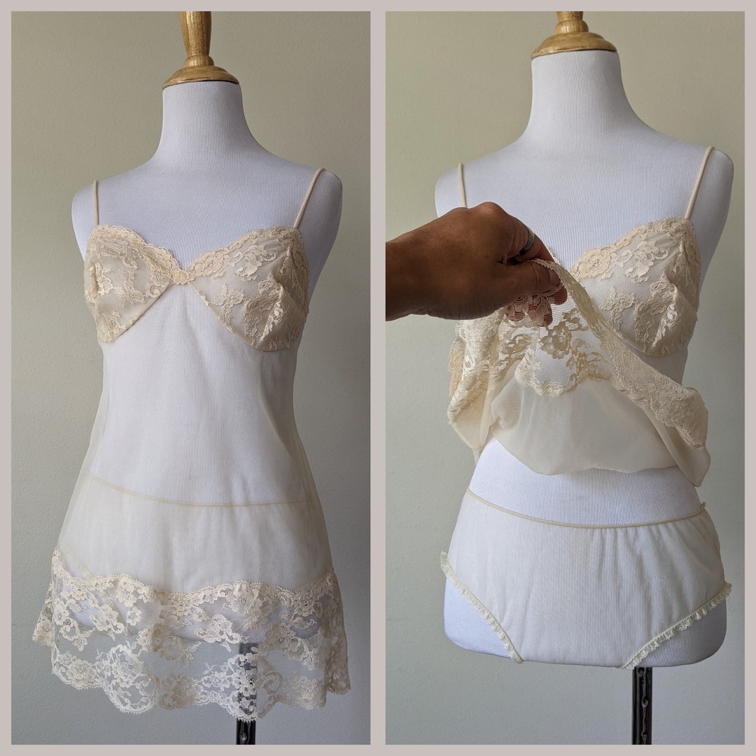 Vintage 50s 60s Light Beige Nude See Through Transparent Sheer Lace ...