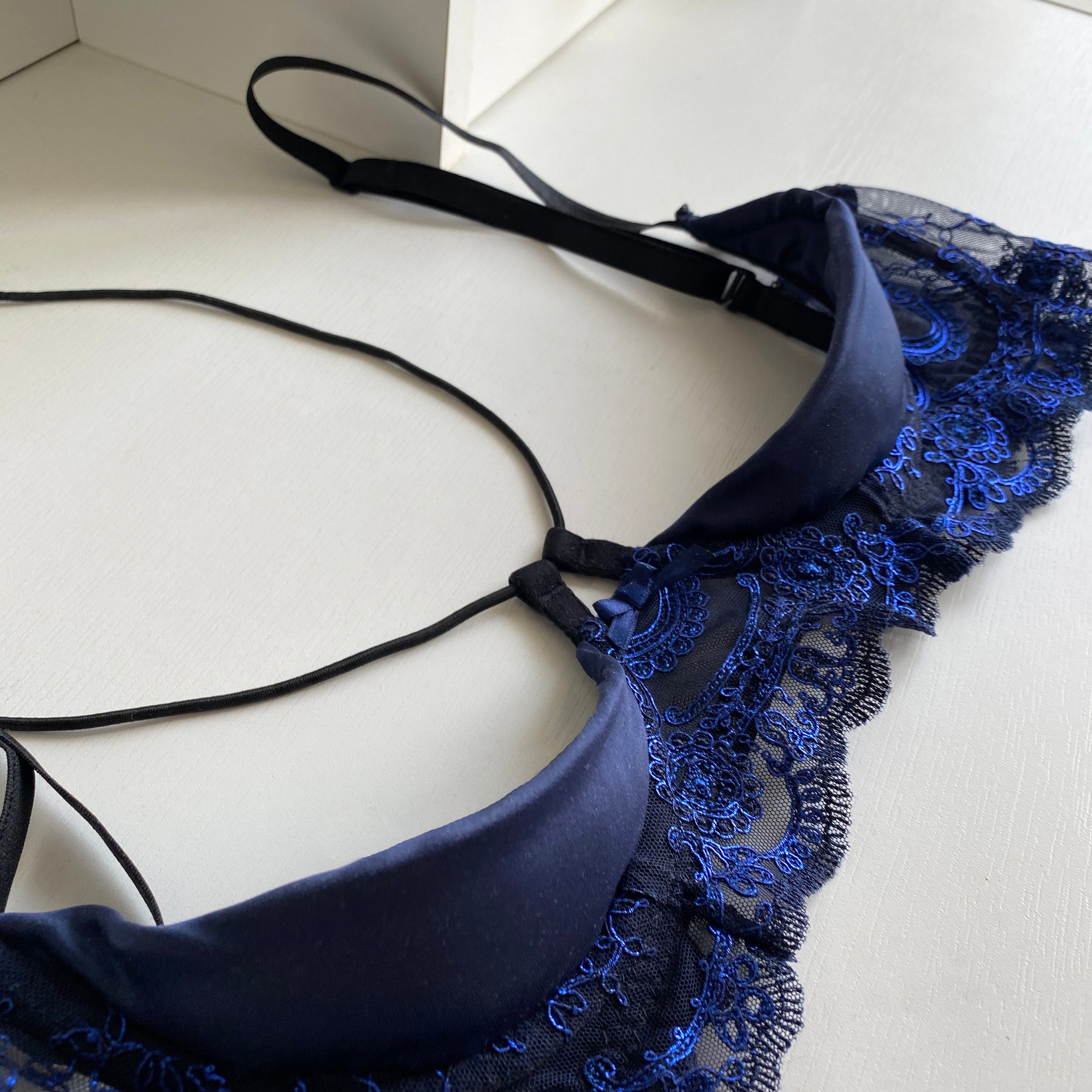 Blue Bra Quarter Cup Bra Open Cup Bra Sheer Bra Sexy Bra Lace Bra Harness Bra Quarter Bra Cage