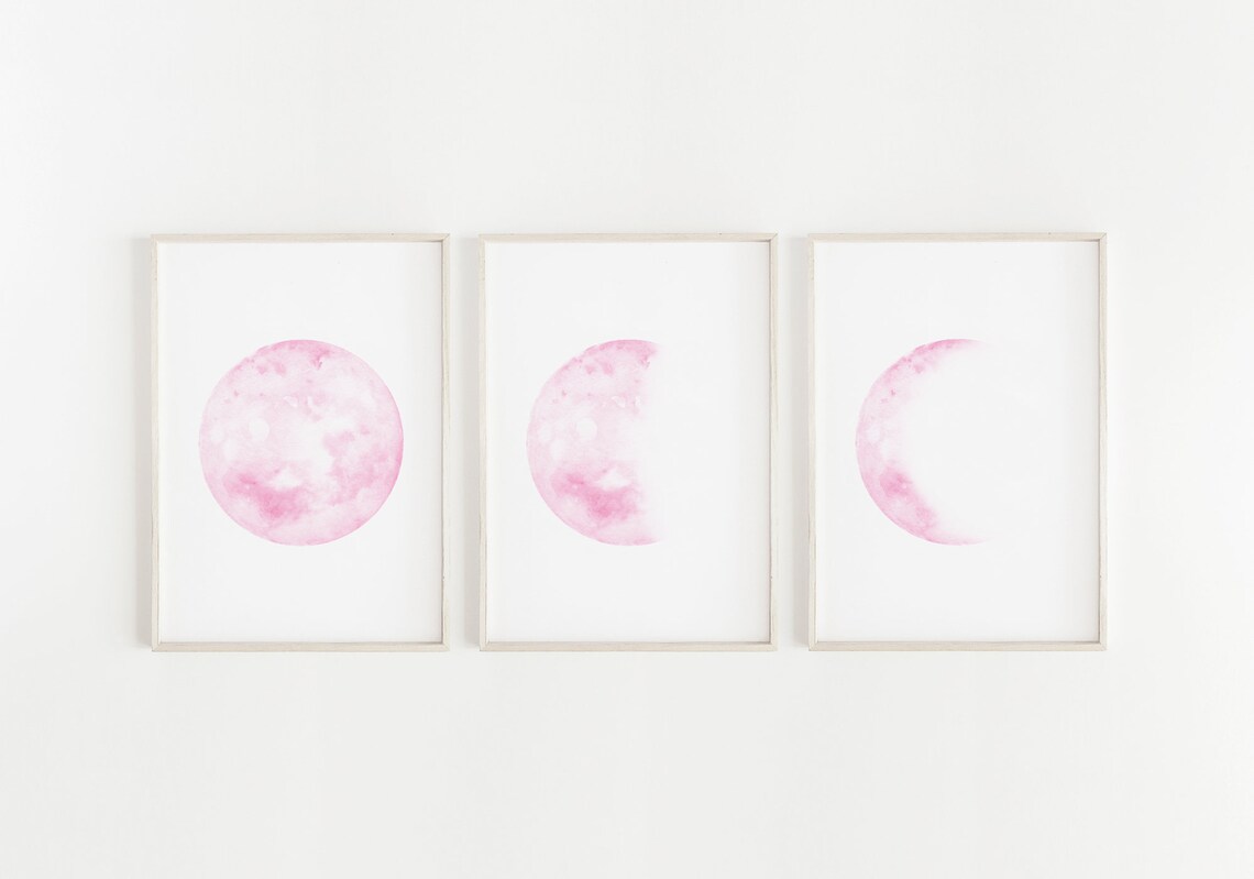 Moon Phase Poster Moon Art Prints Pink Watercolor Phases of | Etsy