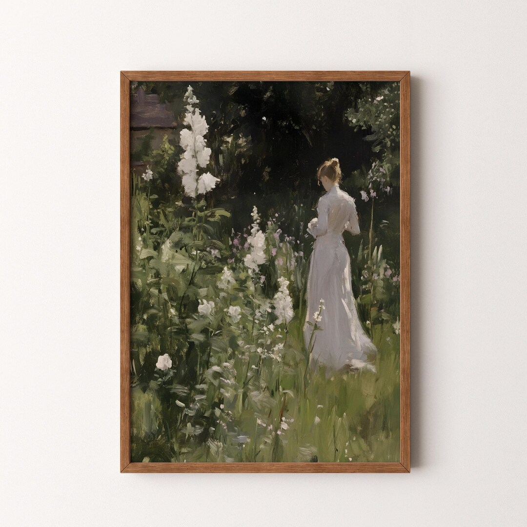 Vintage Woman Painting | White Dress Lady in Blooming Garden, Moody ...