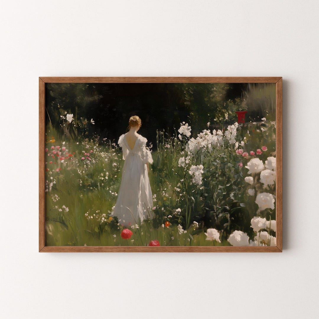 Vintage Garden Scene Painting | Dreamy Impressionist Floral Wall Art ...