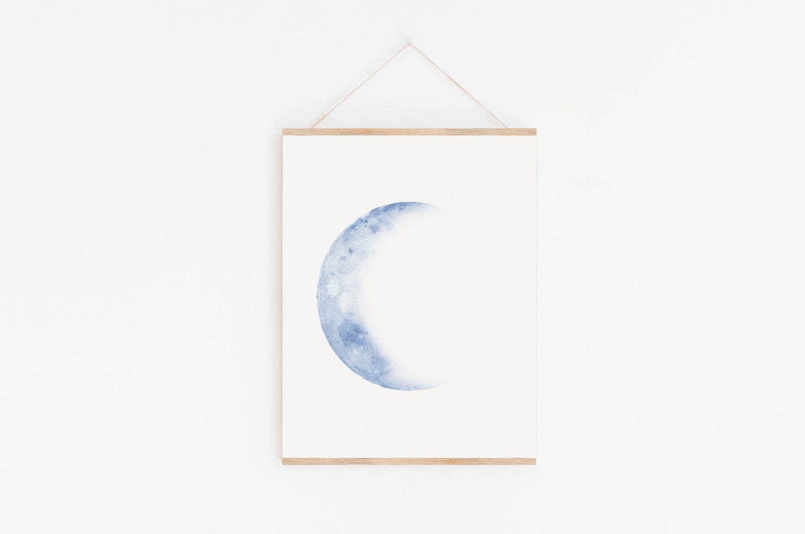 Blue Moon Phase Print Navy Moon Art Nursery Watercolor | Etsy