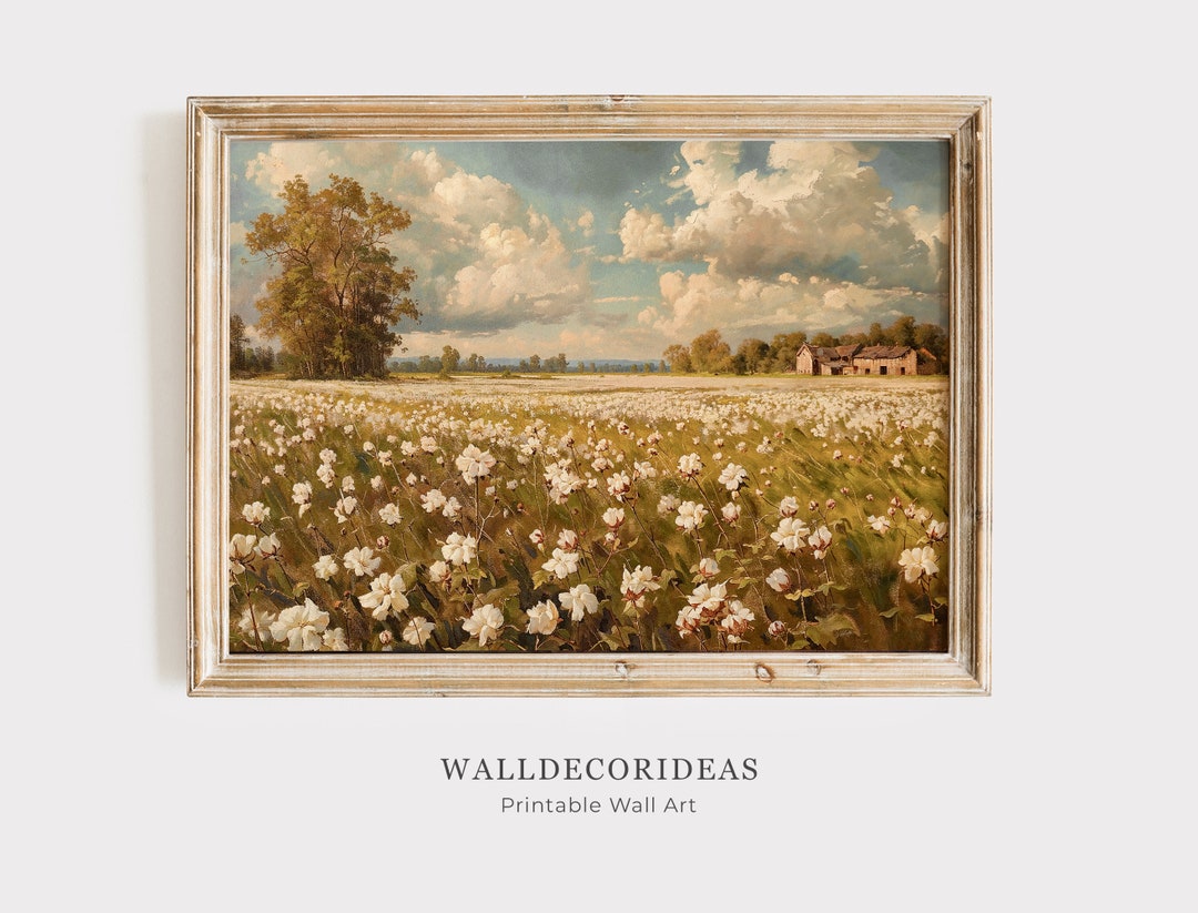 Cotton Field Print | Landscape Oil Painting | Vintage Farmhouse ...