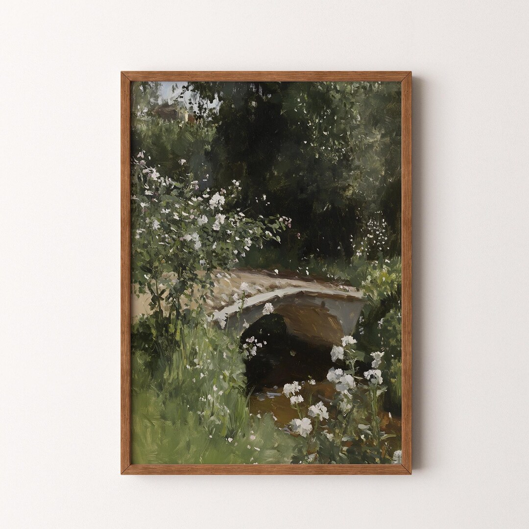 Vintage Floral Garden Bridge Painting | Moody Springtime Nature Scene ...