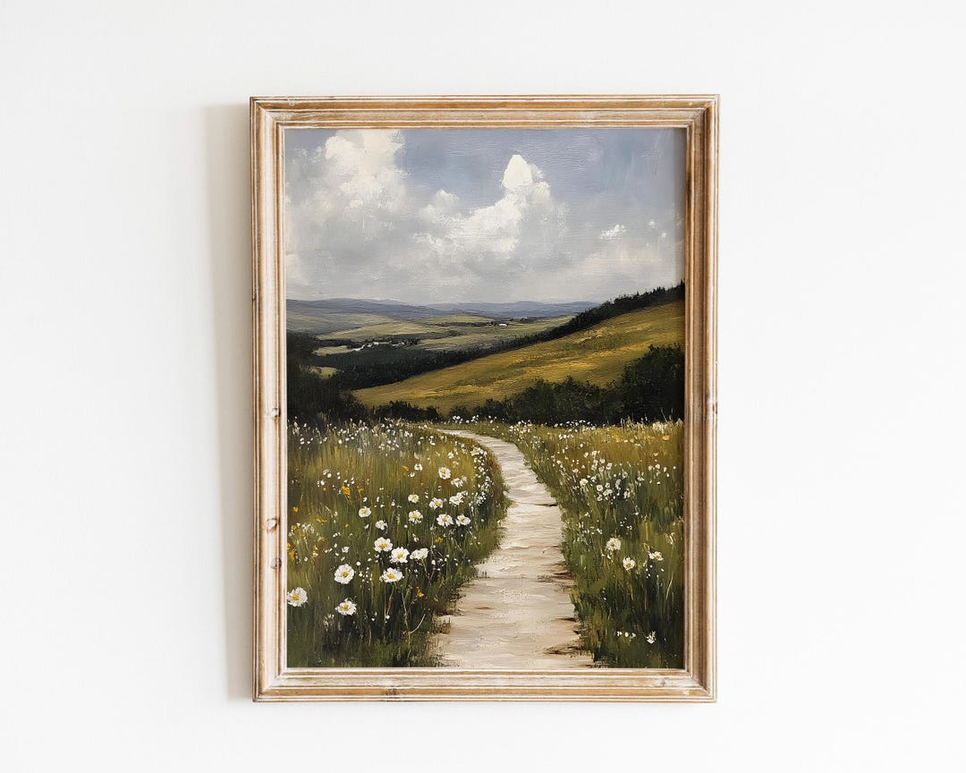 Rustic Wildflower Trail Landscape Painting | Nature Path Scene With ...