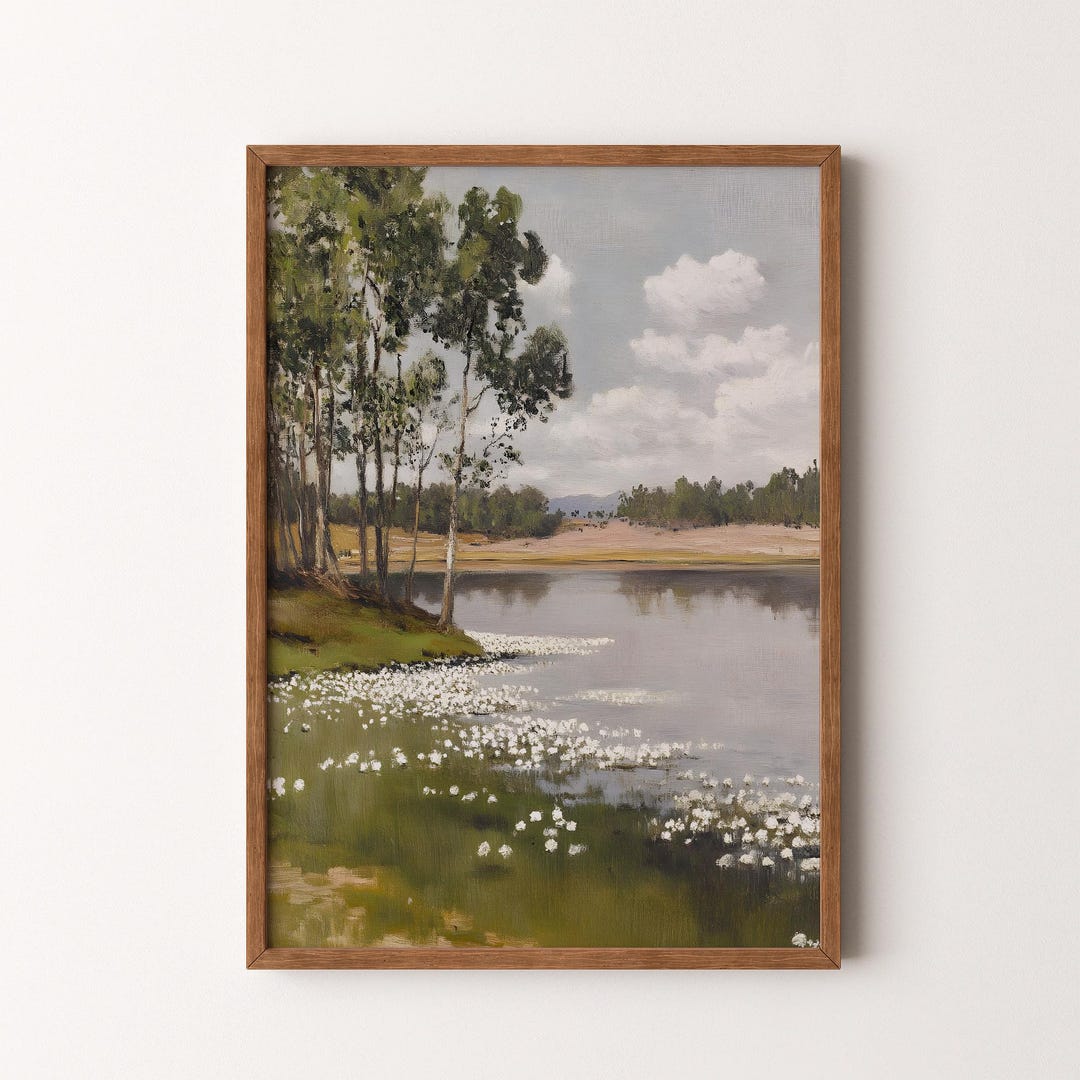 Vintage Spring Lake Landscape Painting | Neutral Wildflowers Forest ...