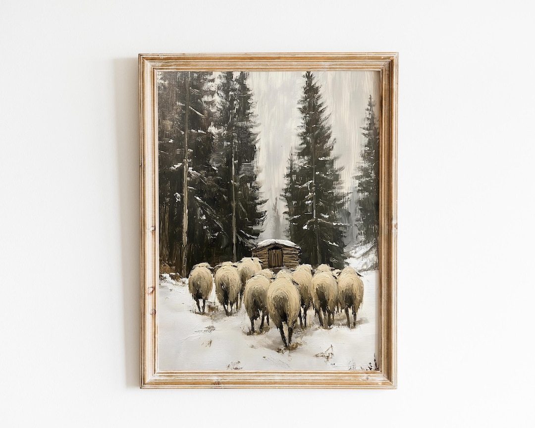 Vintage Winter Farm Scene Painting | Rustic Sheep Flock in Snowy Woods ...