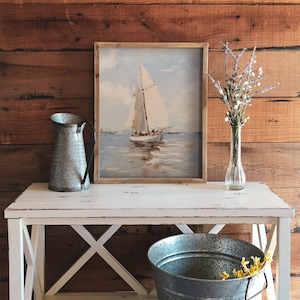 Muted Sailboat Print | Vintage Nautical Painting | Oil Painting Sign ...