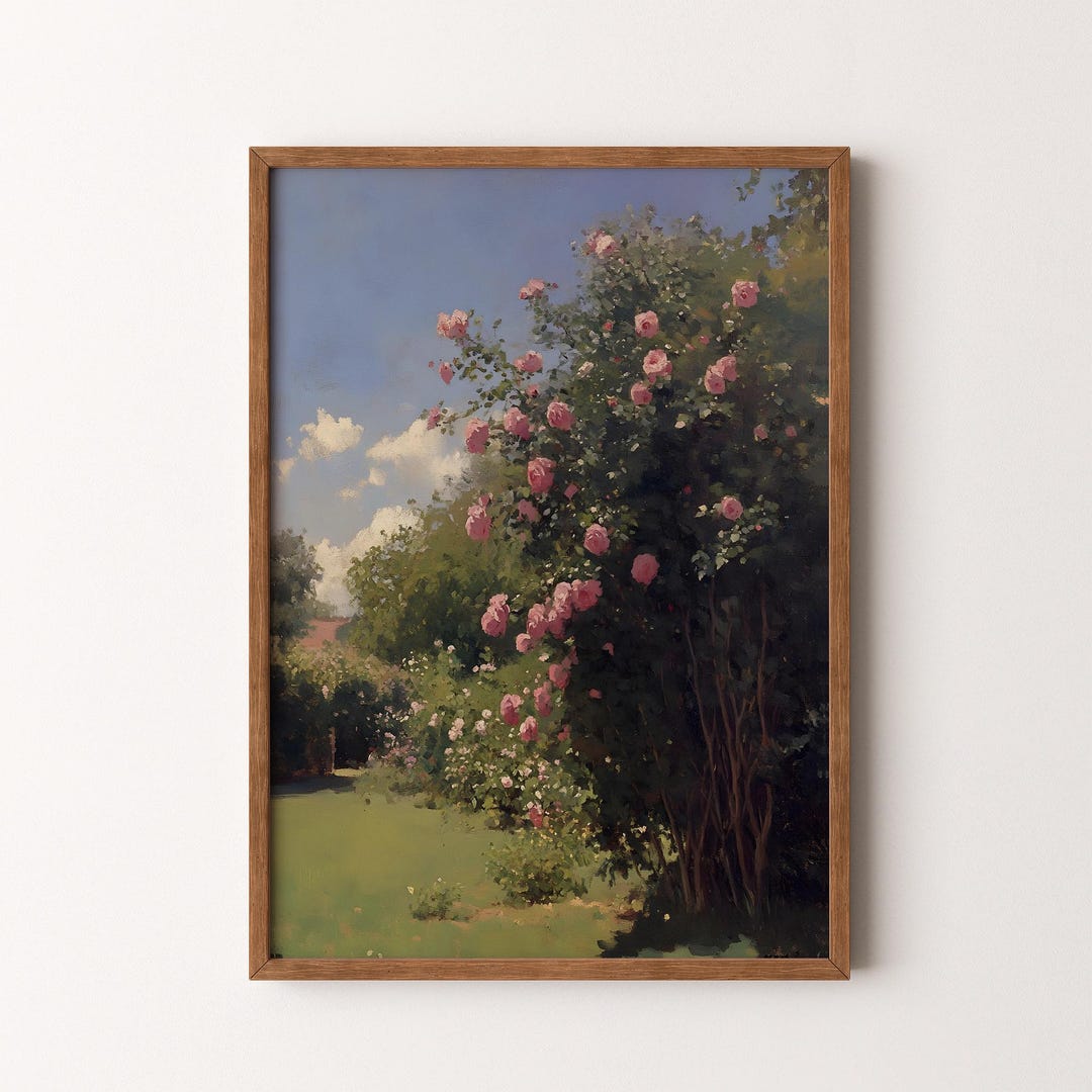 Vintage Rose Garden Painting | Pink Flowering Tree Art PRINTABLE ...