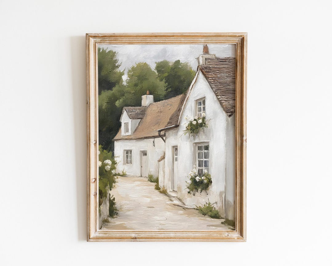Vintage Rustic Cottage Painting | Neutral White Country Home Wall Art ...