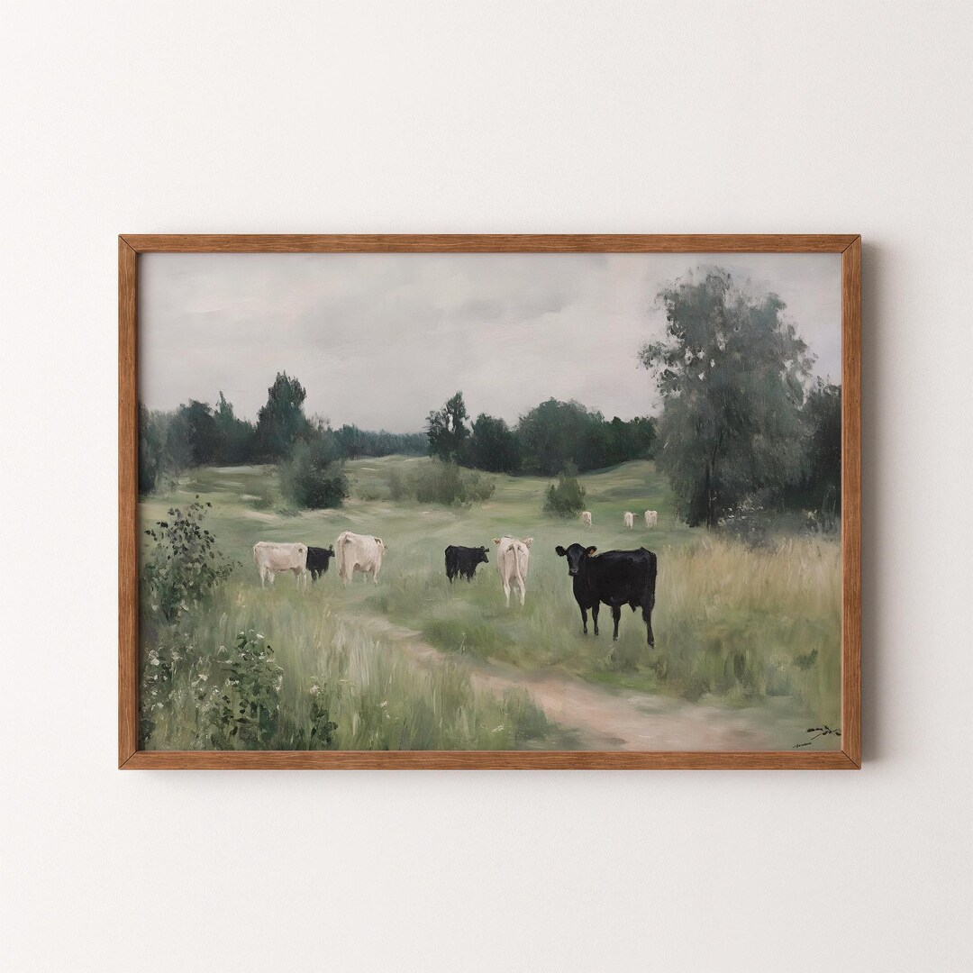 Rustic Farmland Cattle Painting | Green Pastoral Scene Country Wall Art ...