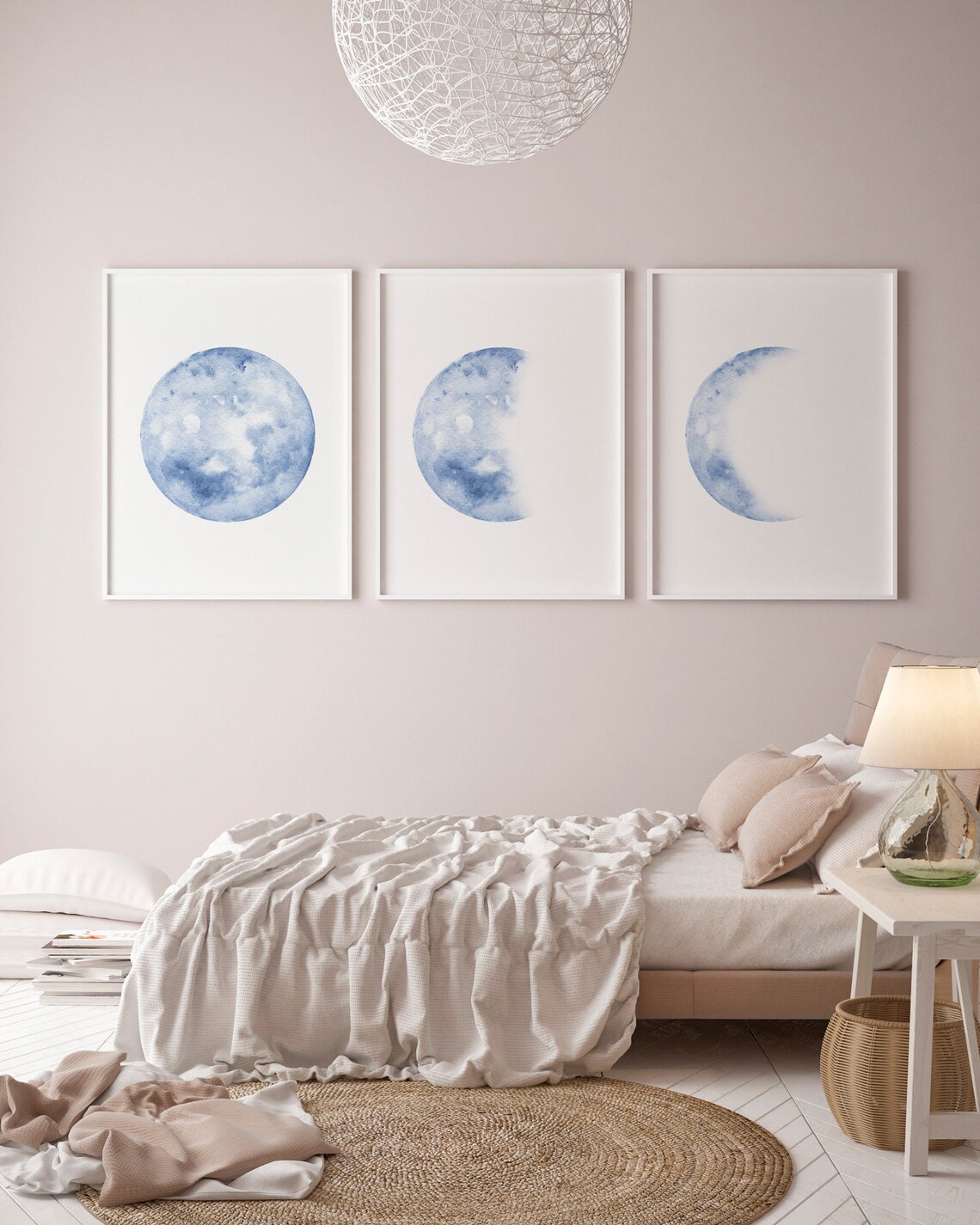 Blue Moon Phase Print Navy Moon Art Nursery Watercolor | Etsy