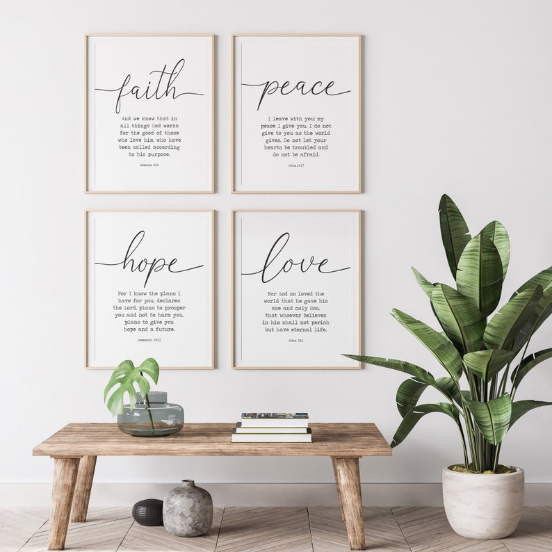 Faith Hope Love Peace Wall Art, Bible Verse Set of 4, Gallery Wall Art ...