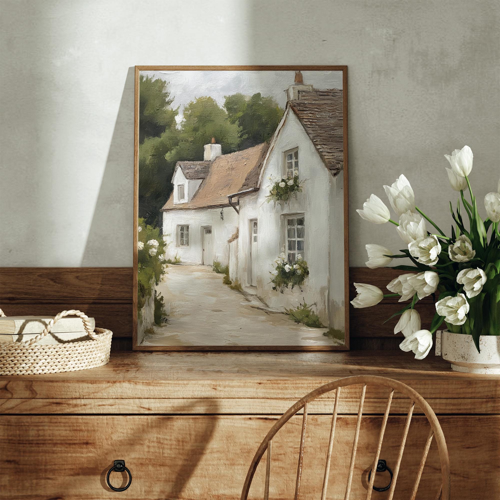 Vintage Rustic Cottage Painting | Neutral White Country Home Wall Art ...