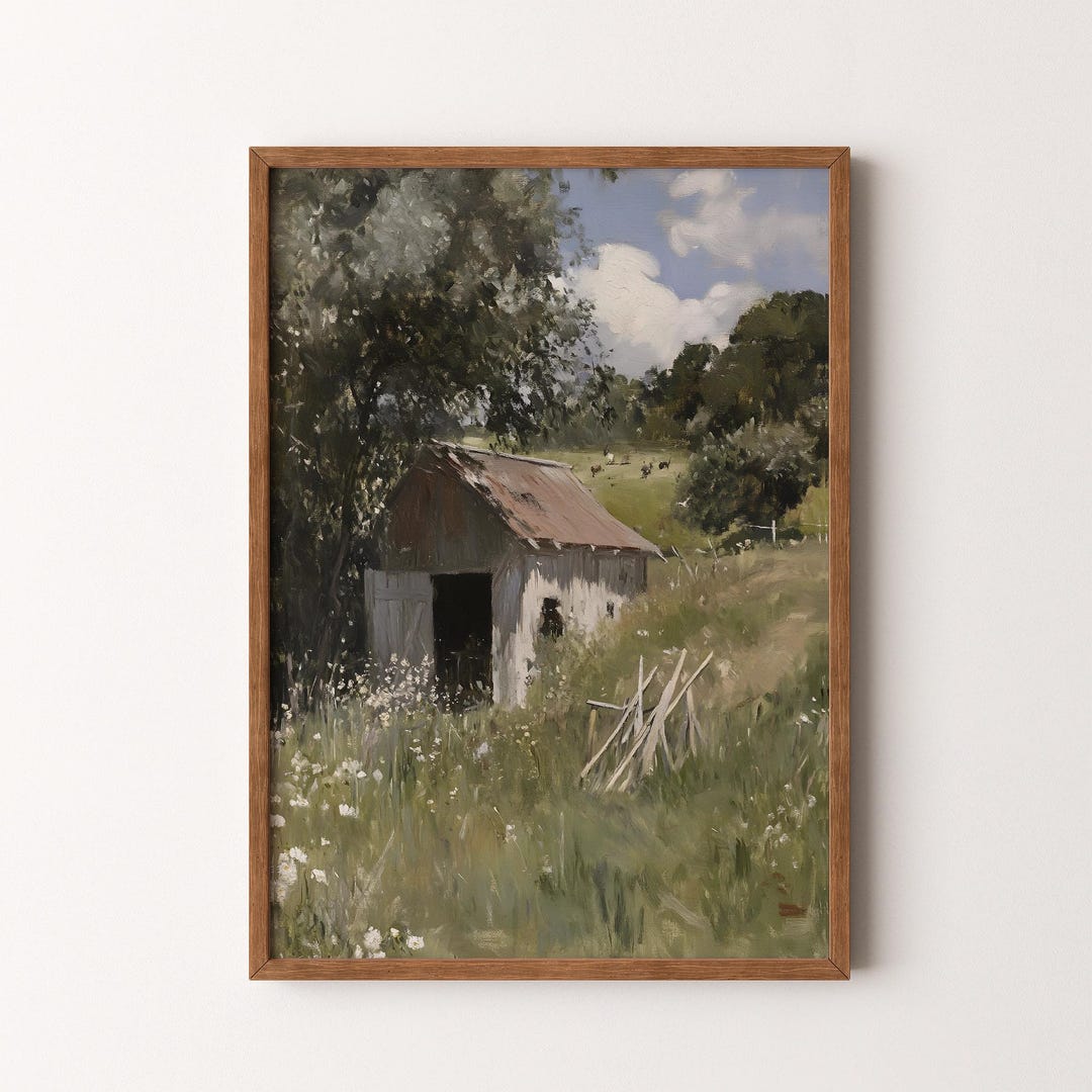 Rustic Farmhouse Landscape Painting | Green Pasture Countryside Scene ...