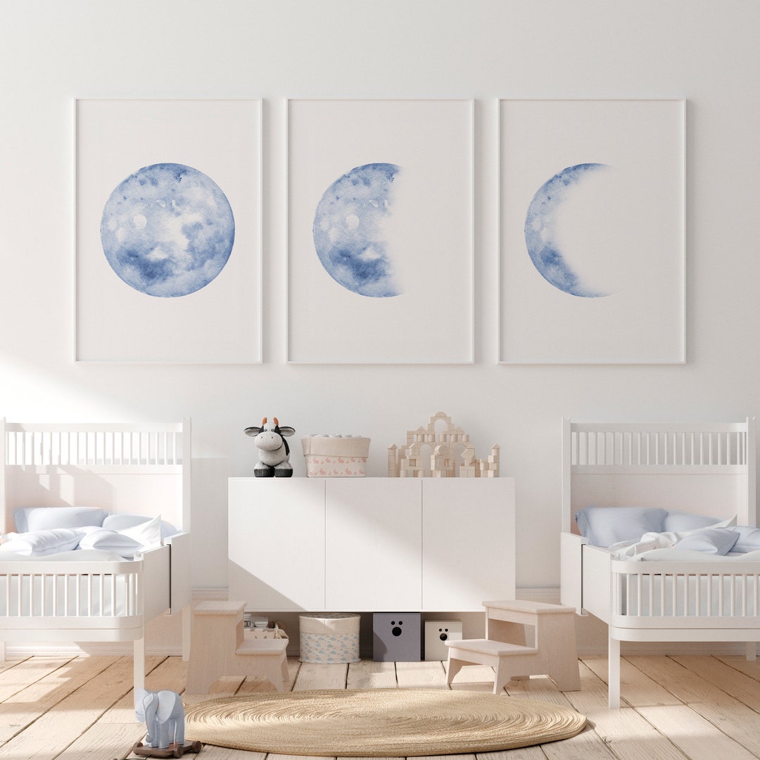 Blue Moon Phase Print, Navy Moon Art Nursery, Watercolor Prints ...