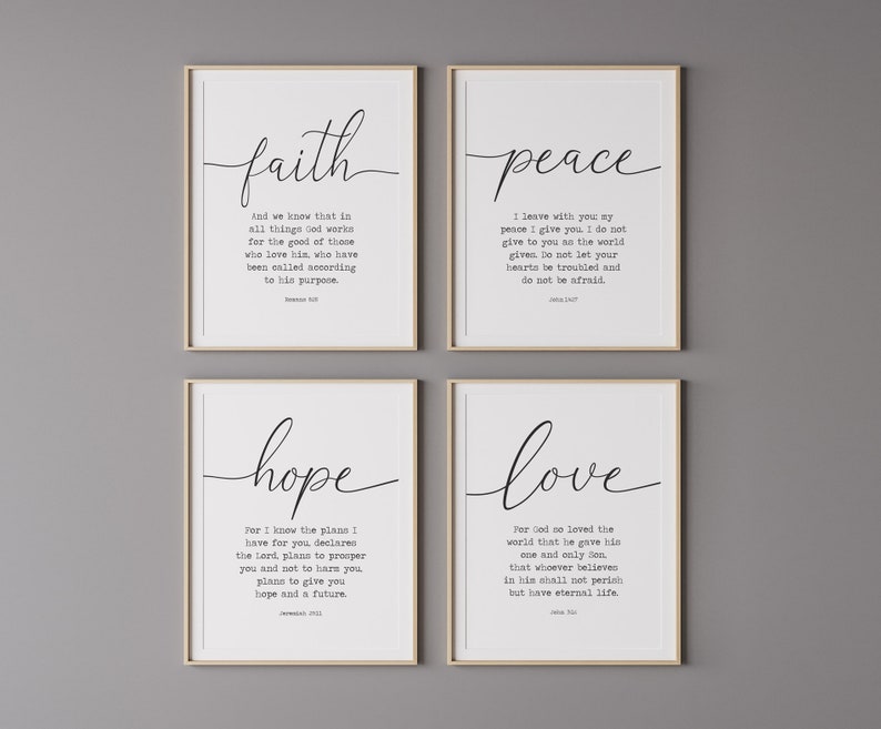Faith Hope Love Peace Wall Art, Bible Verse Set of 4, Gallery Wall Art ...