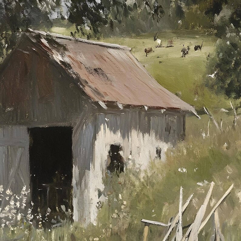 Rustic Farmhouse Landscape Painting | Green Pasture Countryside Scene ...