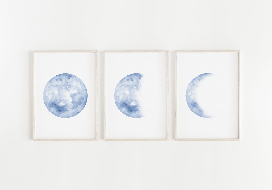 Blue Moon Phase Print Navy Moon Art Nursery Watercolor | Etsy