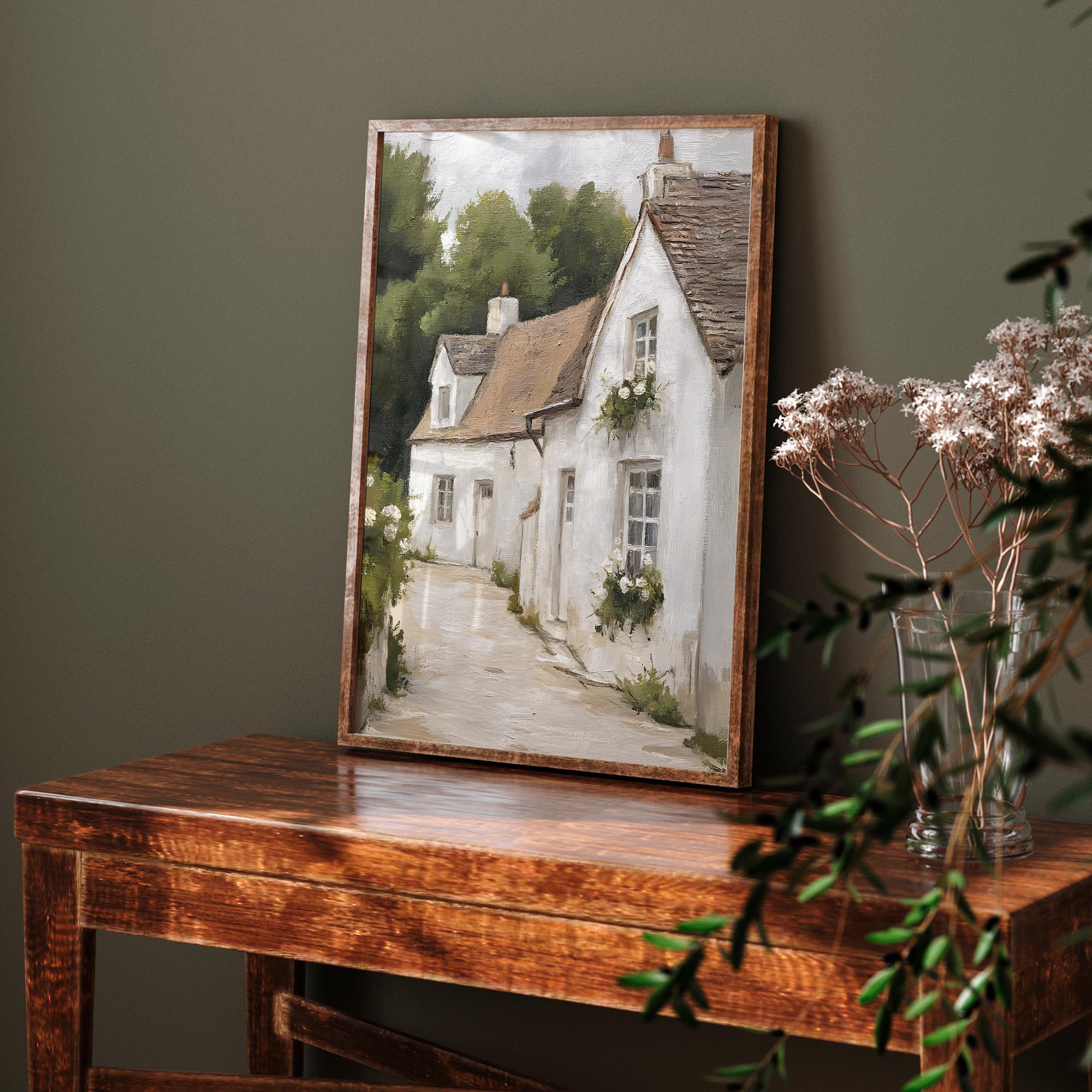 Vintage Rustic Cottage Painting | Neutral White Country Home Wall Art ...