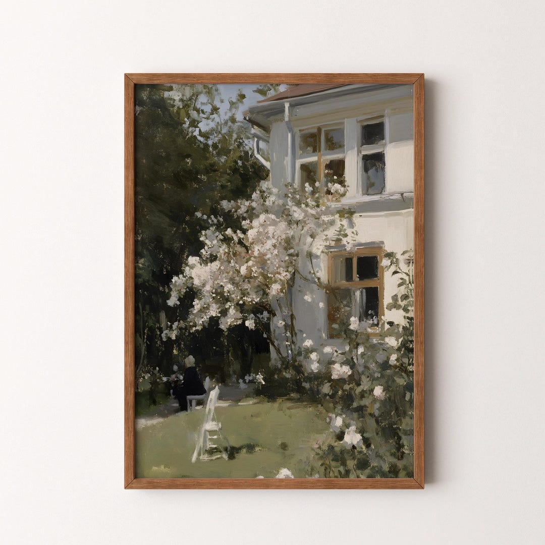 Vintage Spring Garden Painting | White Blooming Tree Wall Art ...