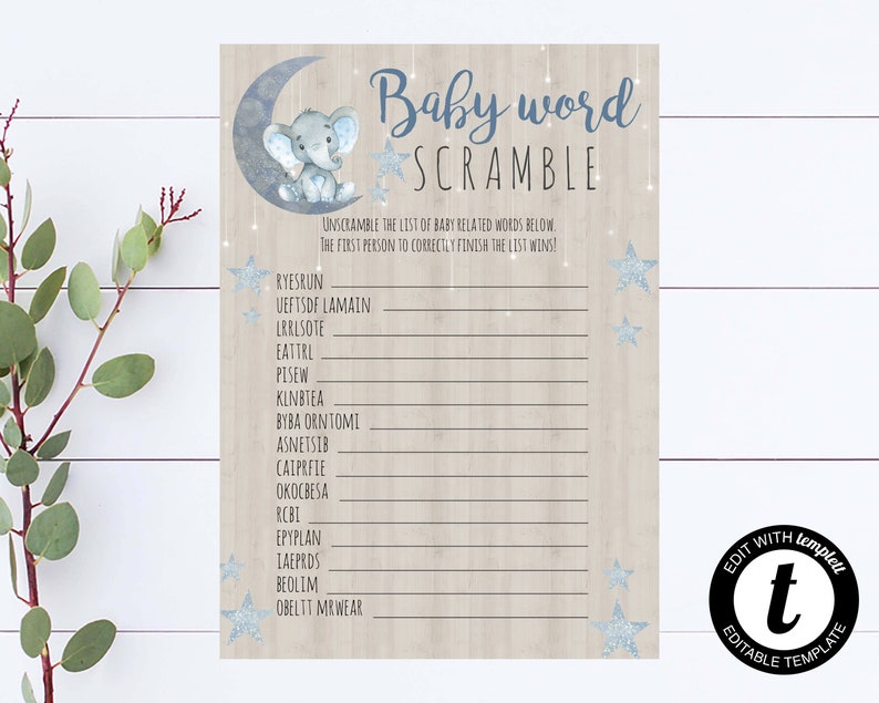 Elephant Baby Shower Baby Word Scramble Game Printable Baby - Etsy