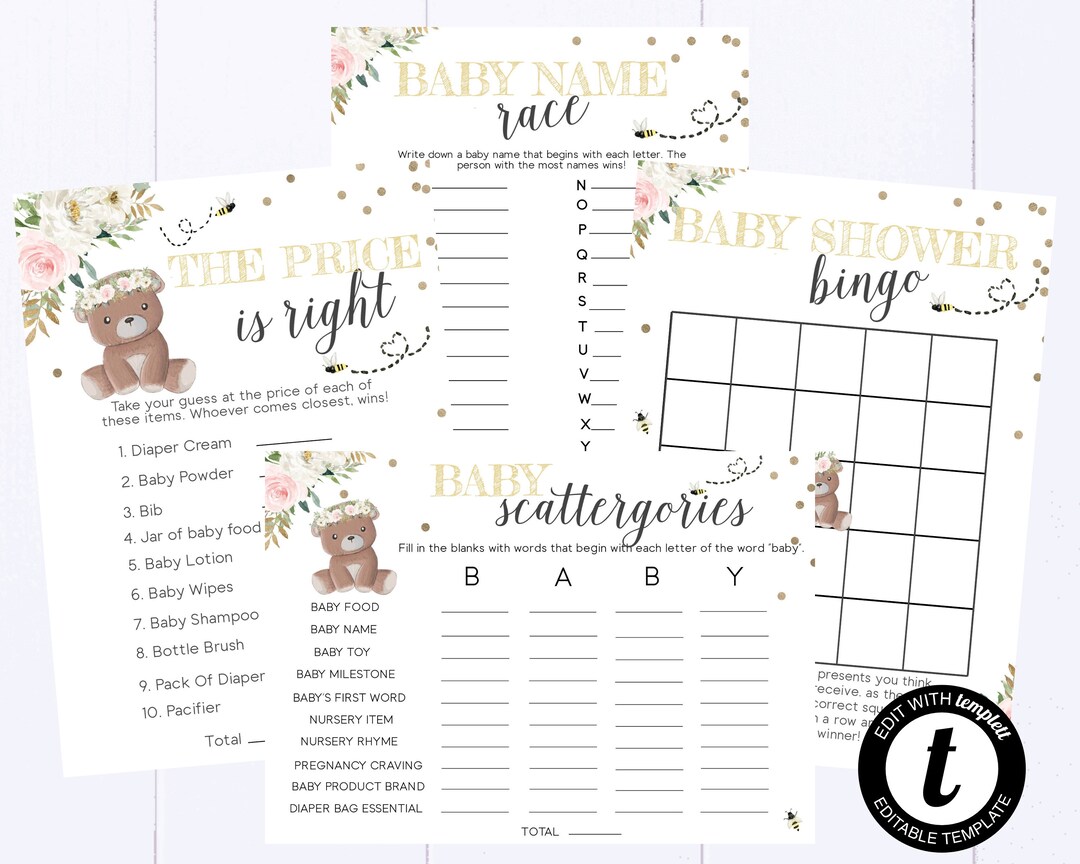Bear Baby Shower Games Printable Baby Shower Games Package Baby Shower ...