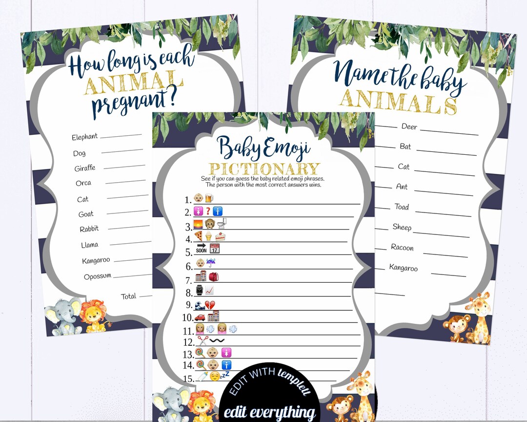 Safari Baby Shower Game Package Boy Jungle Animal Baby Shower Games ...