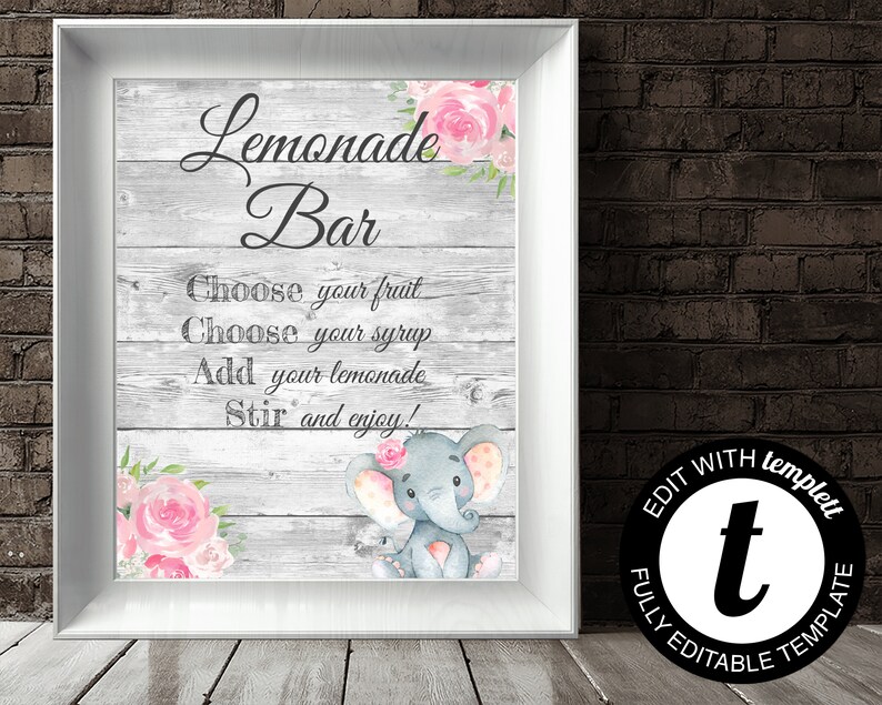 Elephant Baby Shower Lemonade Bar Sign Pink Floral Lemonade Bar Sign ...