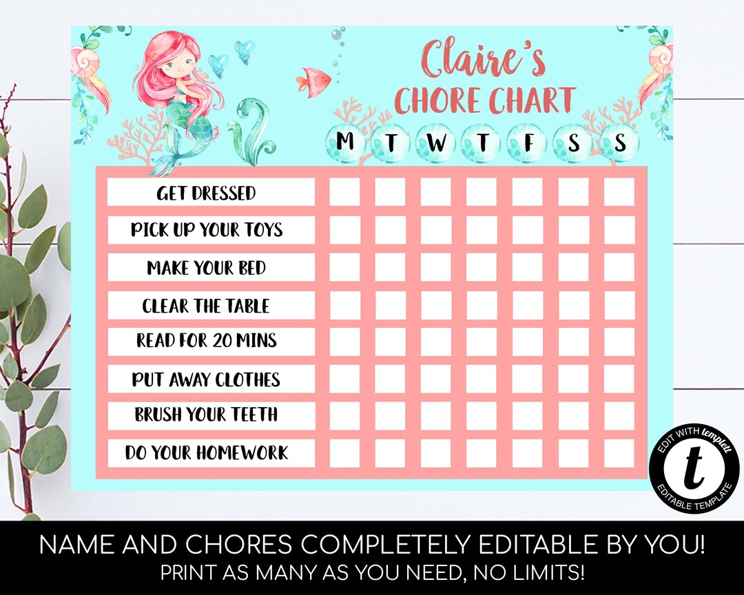 Mermaid Chore Chart Editable Kids Chore Chart Reward Chart for Kids ...