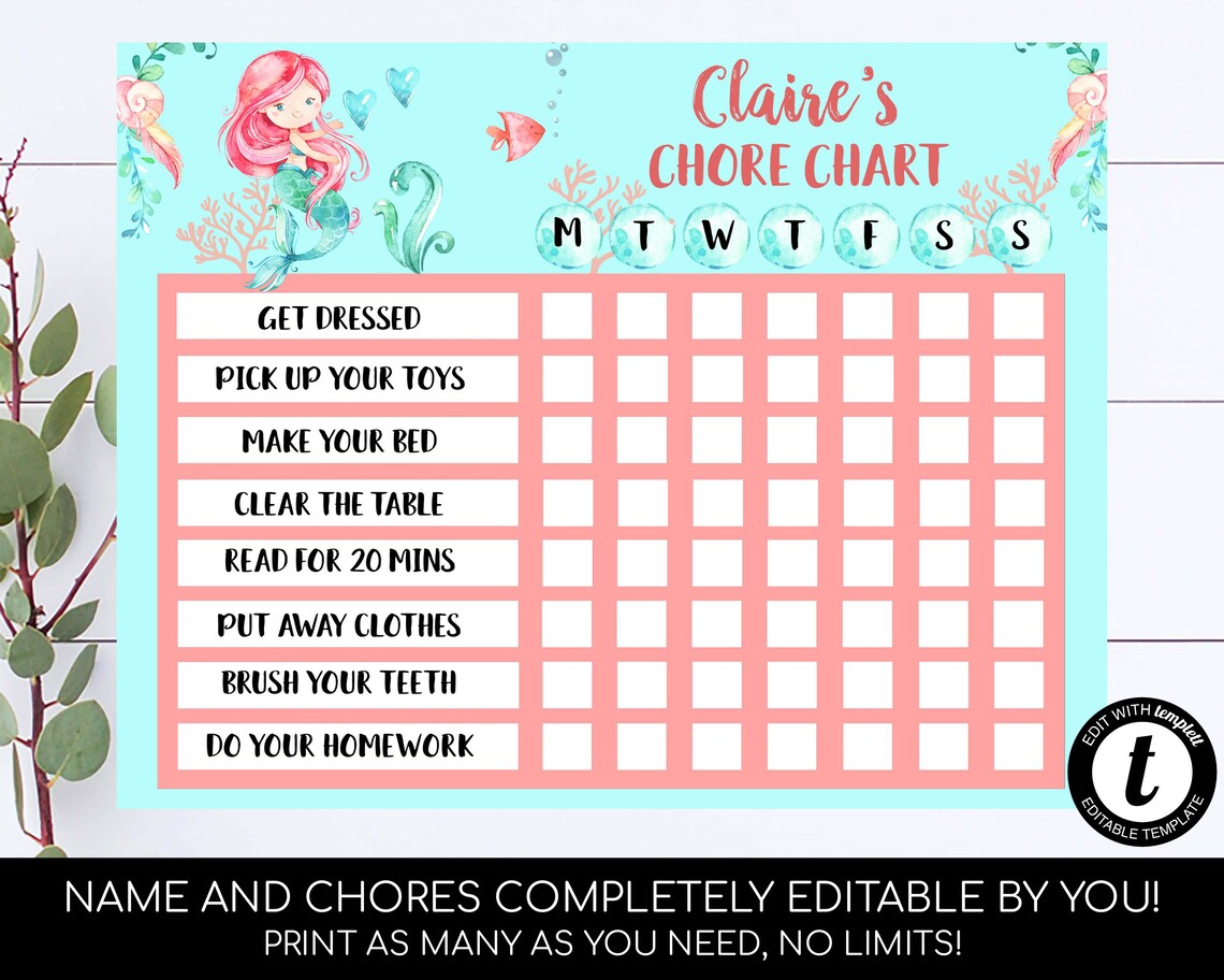 Mermaid Chore Chart Editable Kids Chore Chart Reward Chart for - Etsy