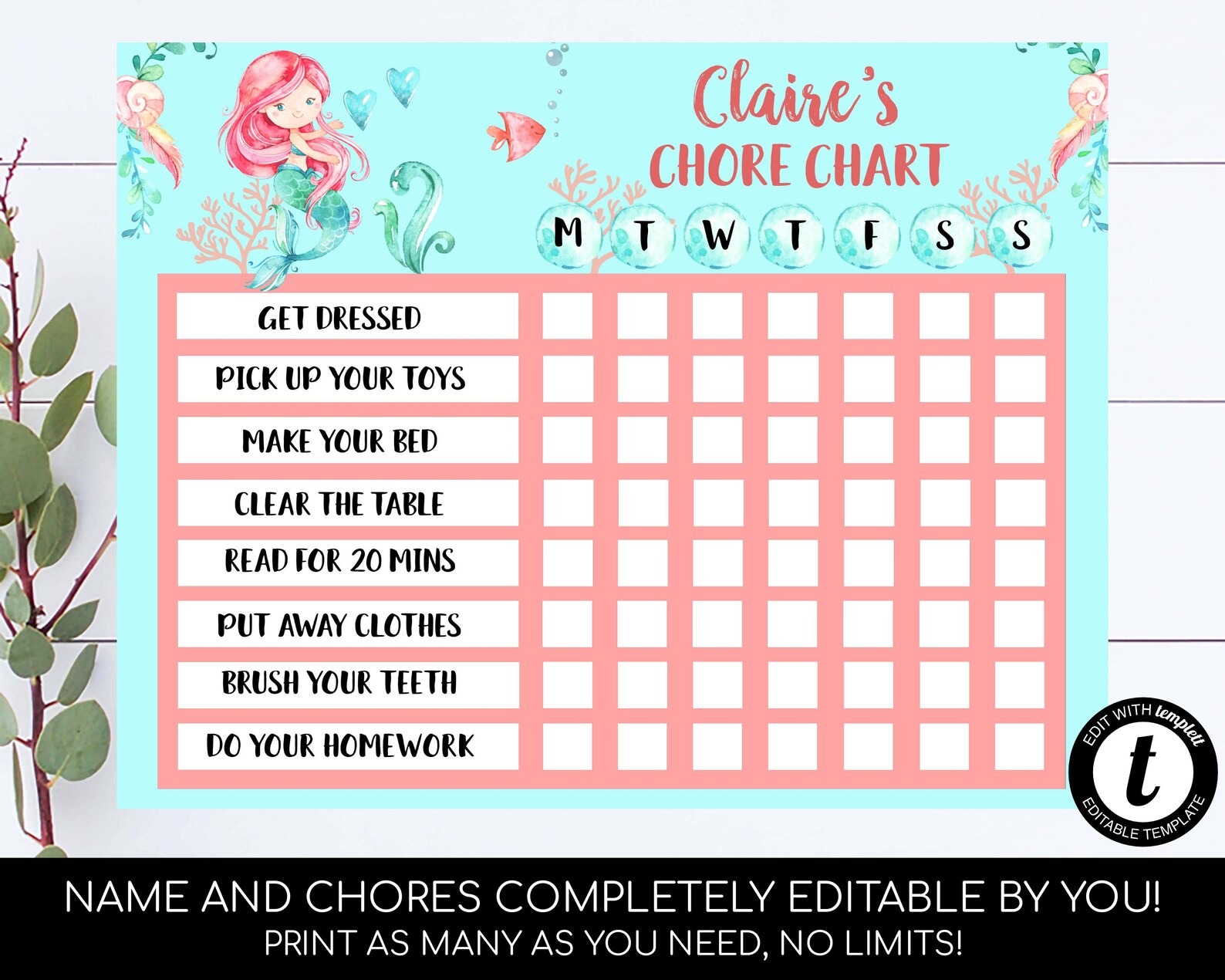 Mermaid Chore Chart Editable Kids Chore Chart Reward Chart for - Etsy