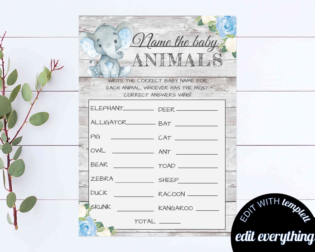 Elephant Baby Shower Name the Baby Animal Game Baby Shower Name the ...