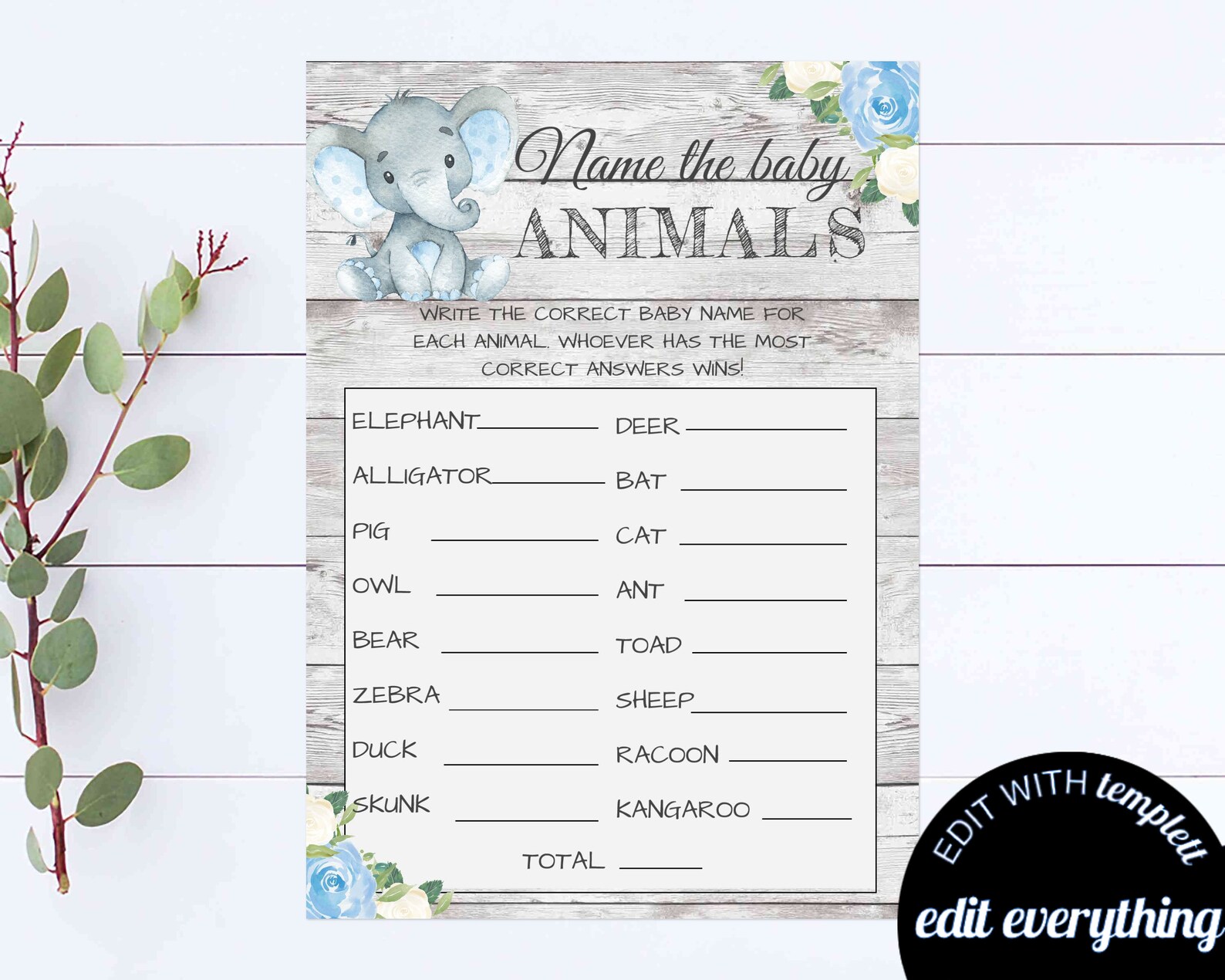 Elephant Baby Shower Name the Baby Animal Game Baby Shower Name the ...