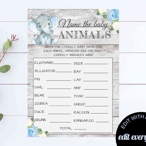 Elephant Baby Shower Name the Baby Animal Game Baby Shower Name the ...