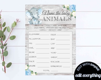 Elephant Baby Shower Game Name the Baby Animals Blue Boy - Etsy
