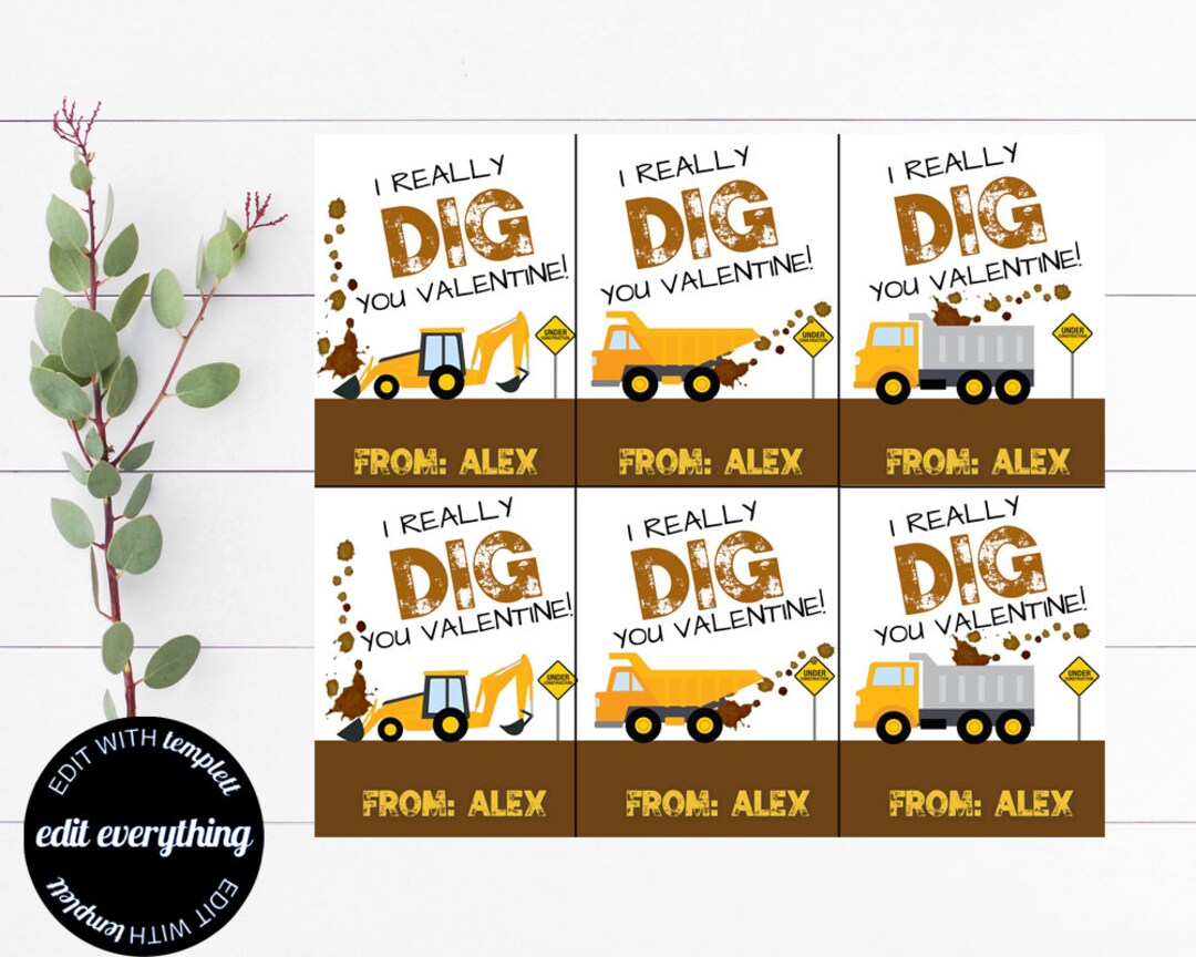 Dump Truck Valentines Cards Editable Personalized Construction Truck ...