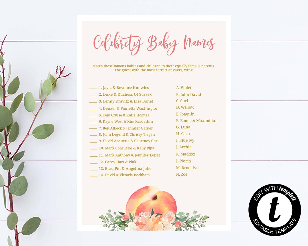 Peach Celebrity Baby Names Baby Shower Game Printable Baby Shower Game ...